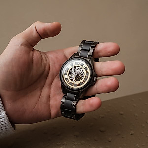 HOLZKERN Navona Men’s Watch, 43mm Gold/Gray Skeleton Dial, Brushed Stainless Steel Strap, Vintage Watch for Men