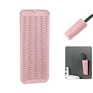 Heat Resistant Silicone Mat with Hanging Hole Style, Straightener Heat Resistant Travel Mat & Pouch for Curling Iron, Hair Straightener, Flat Iron and Other Hot Hair Styling Tools, 11X5 Inches, Pink