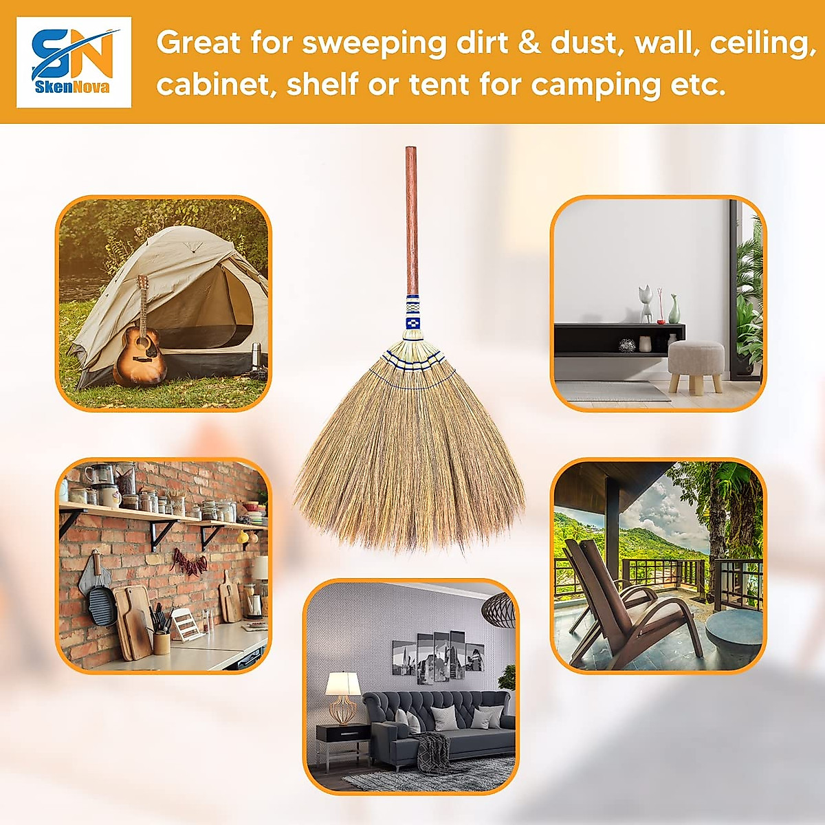 SN SKENNOVA - 28-inch of Short Asian Broom Whisk Broom Thai Natural Grass Broom Solid Wood Handle for RV's Tent Camping
