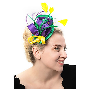 FELIZHOUSE Mardi Gras Fascinator Hats for Women Ladies Feather Cocktail Party Hats Bridal Headpieces Ascot Fascinator Headband (Satin Mardi Gras)