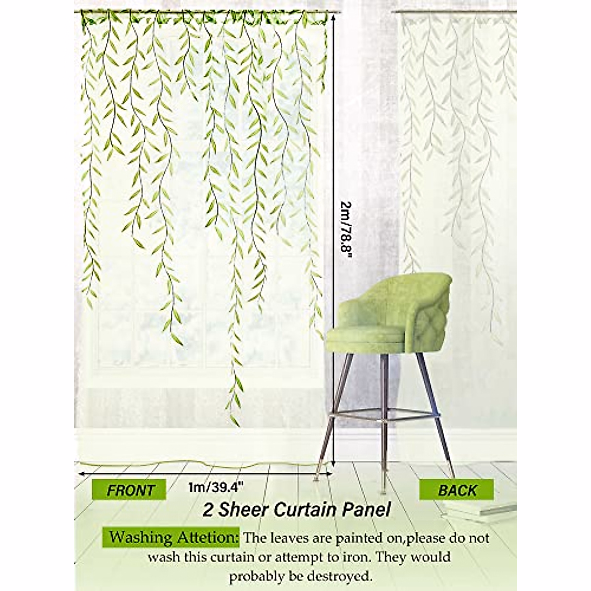 Willow Voile Curtains Cute Green Sheers Leaf Curtain Tulle Vine Window Curtains Nursery Green Sheers Ivy Pretty Curtain for Kids Living Room Bedroom Window Door Balcony (2 Pieces,39.4 x 78.7 Inch)