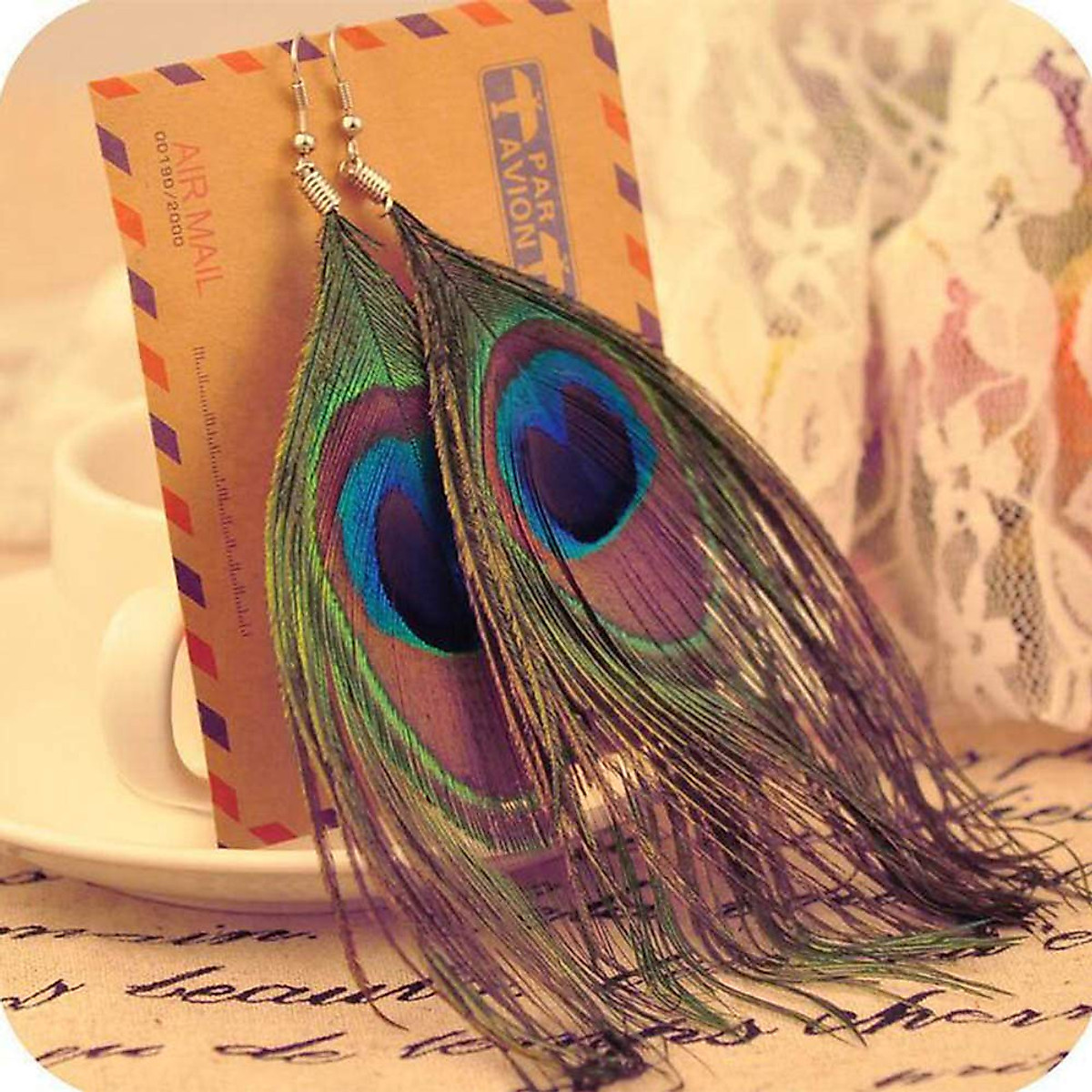 Aimimier Bohemian Peacock Feather Chandelier Earrings Long Drop Dangle Hook Earrings Prom Party Festival Jewelry for Women