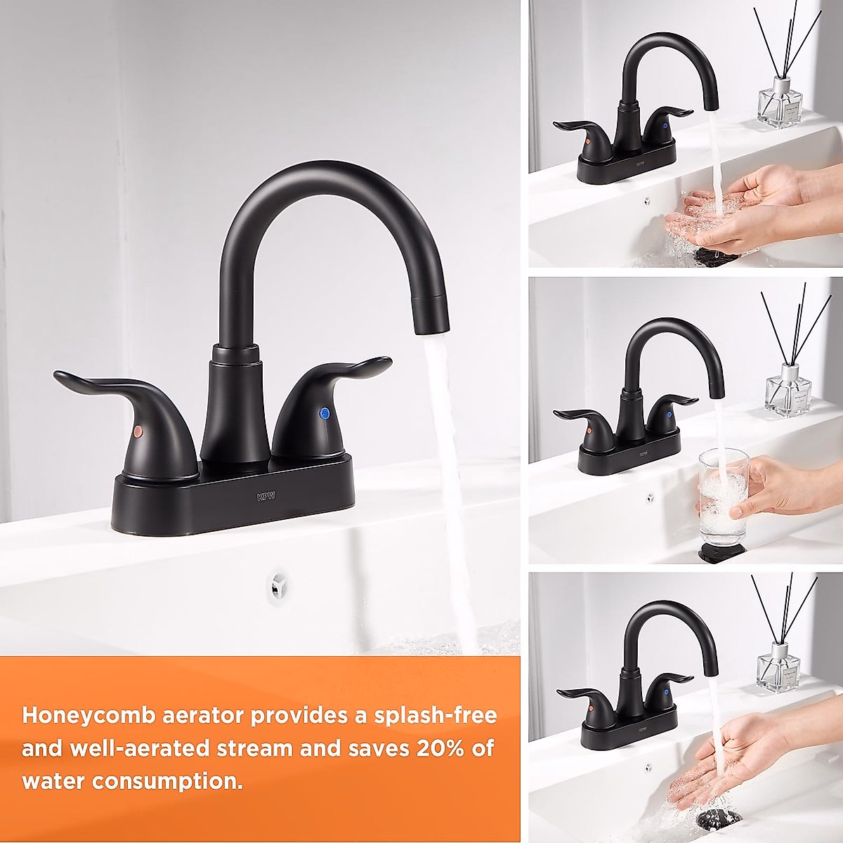 KPW Bathroom Sink Faucet 2 or 3 Hole Matte Black Centerset 4 Inch Bathroom Sink Faucet 2 Handle Plating Over ABS Plastic Non-Metallic Lavatory Bathroom Faucet with Pop up Drain Water Supply Hoses