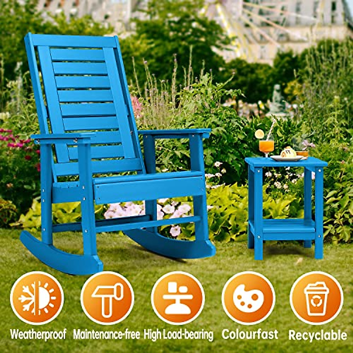 GREENVINES Outdoor Rocking Chairs | Porch Rocker | HDPE Plastic | Pacific Blue | Oversized Rockers | High Back | Big & Tall | Ladder Back | for Patio Outside Backyard Balcony Garden