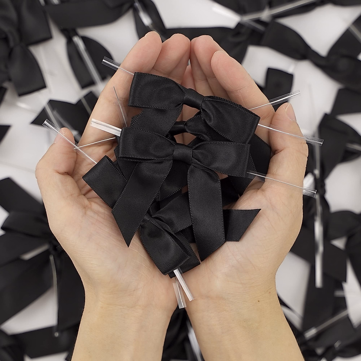 AIMUDI Black Bows for Gift Wrapping 2.5" Premade Black Twist Tie Bows for Crafts Pre-Tied Black Satin Ribbon Bows Small Gift Bows for Treat Bags Party Favors Wedding Decorations - 50 Counts