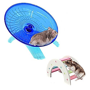 2 Pack Rat Flying Saucer Exercise Wheel & Wood Bridge Rainbow Climb - Durable ABS Plastic Running & Jogging Running Silent Spinner - for Mouse Hedgehog Chinchilla Pets Mice Hamsters Gerbil Cage Toy