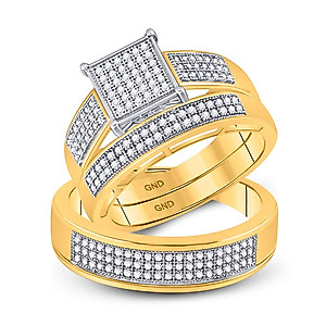 Sizes - L = 4.5, M = 9.5 - 10k Yellow Gold Mens and Ladies Couple His & Hers Trio 3 Three Ring Bridal Matching Engagement Wedding Ring Band Set - Round Diamonds - Micro Pave Princess Shape Center Setting (3/5 cttw) - Please use drop down menu to select yo