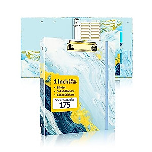 3 Ring Binder 1 Inch, SUNEE Cute Binder with Clipboard, 2 Pockets, 5 Tab Dividers & Label Stickers, Decorative Blue Marble Heavy Duty Three Ring Binder (Fit 8.5x11) for Office Binder Supplies