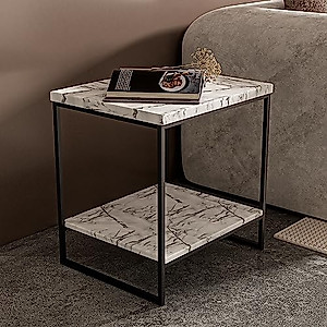 Tilly Lin Faux Marble Side Table, White Marble Small Coffee Table with Storage, 2-Tier End Table for Living Room, Nightstand for Bedroom (White, Black)