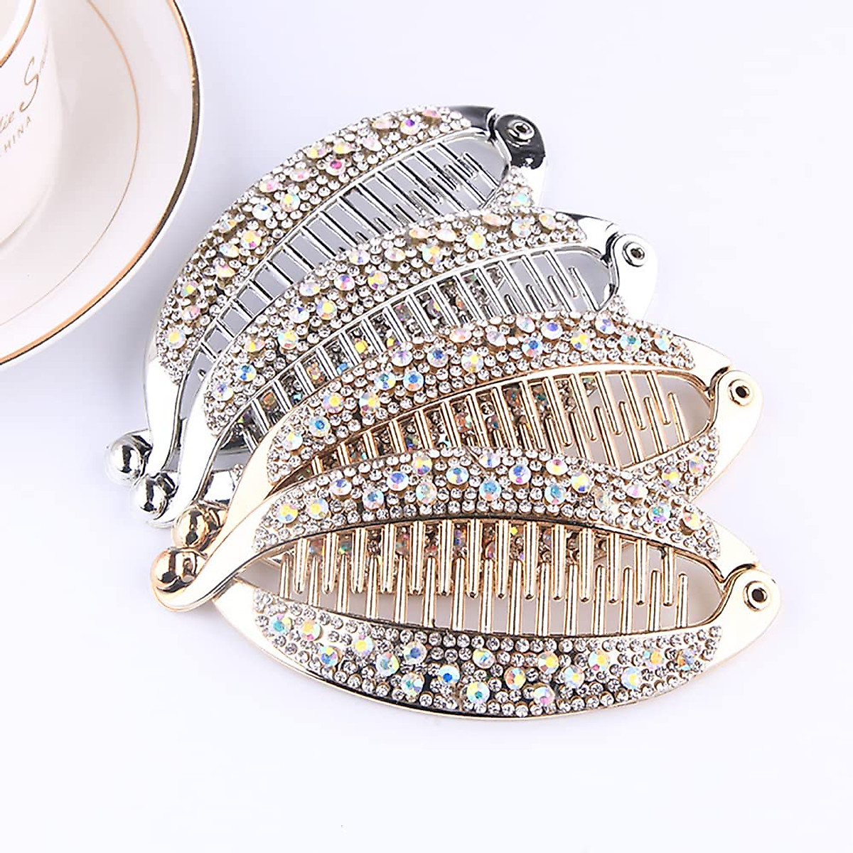 4 Pcs Faux Crystal Banana Hair Clip Banana Ponytail Holder Clip Rhinestone Banana Hair Barrettes Clincher Banana Combs for Women Grils