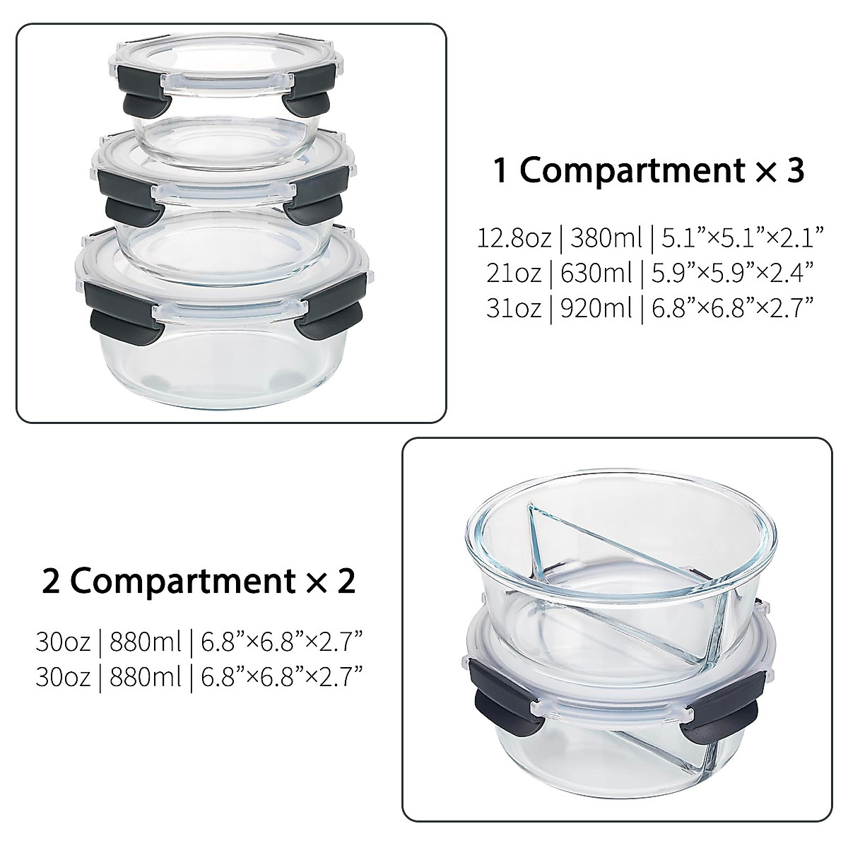 Moretoes 10pc Glass Food Storage Containers with Lid, Gray Round Single & 2 Compartment Meal Prep Containers, Airtight Glass Lunch Boxes for Leak Proof, Microwave, Oven, Freezer, Dishwasher
