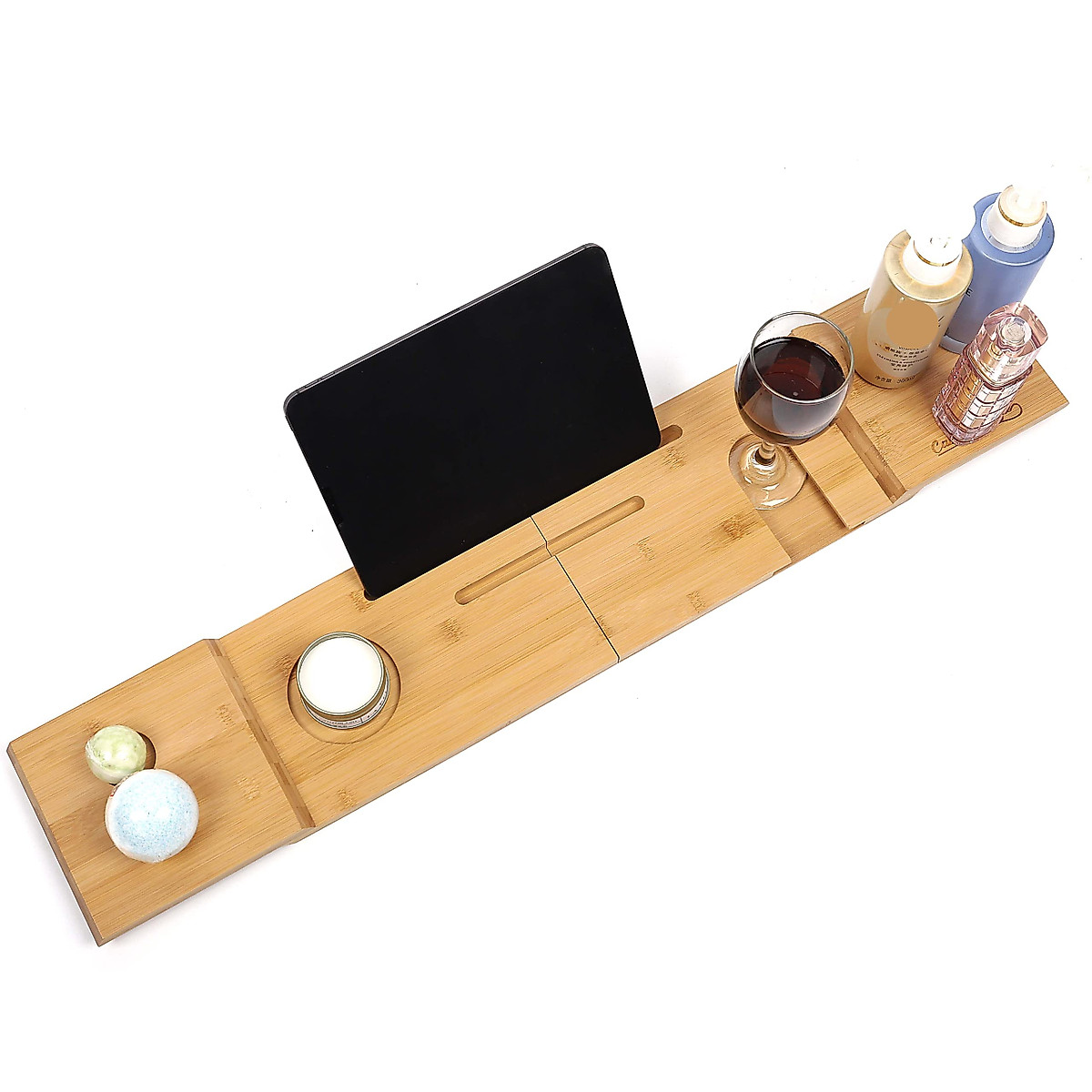 Cabot & Carlyle Luxury Bath Caddy Tray for Tub | Bath Table | Premium Bamboo Bathtub Tray for Tub | Fits All Bath Accessories Wine Glass, Books, Tablets, Cellphones, Shampoo | Bath Shelf Foldable.