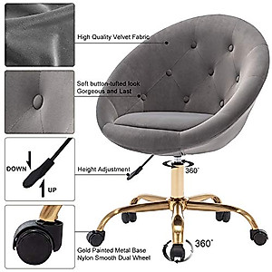 Duhome Modern Home Office Chair Desk Chair Task Computer Chair with Wheels Swivel Vanity Chair Makeup Chair Height Adjustable Chairs Velvet Button Tufted with Wheels and Gold Metal Base (Grey)