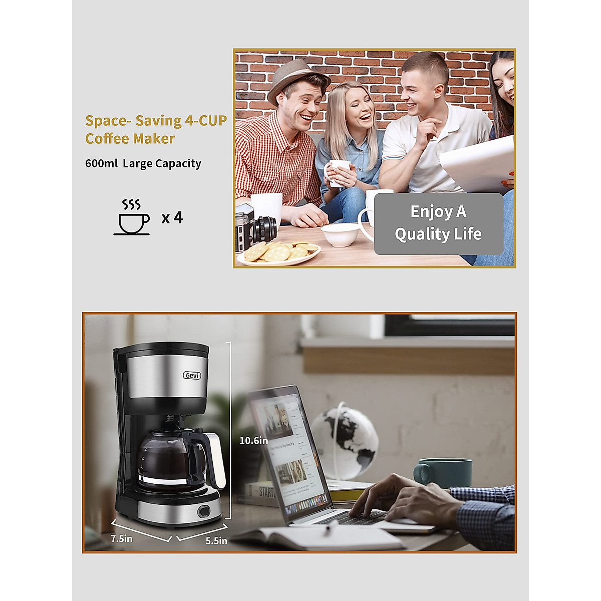 Gevi 4-Cup Coffee Maker with Auto-Shut Off, Small Drip Coffeemaker Super Automatic Espresso Machines Compact Coffee Pot Brewer Machine with Cone Filter, Glass Carafe and Hot Plate