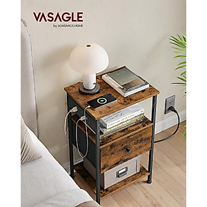 VASAGLE Nightstand with Charging Station, Night Stand, Side Table with 1 Drawer and 2 Open Shelves, Fabric Drawers with MDF Front, End Table, Rustic Brown and Classic Black ULGS026K01