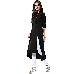 Janasya Women's Crepe Kurti Tunic Tops,Black,Large