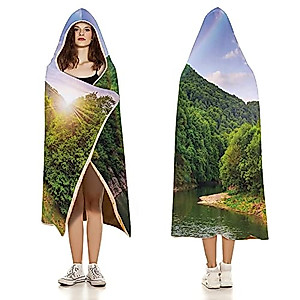 Hooded Blanket Poncho, Nature Wearable Hooded Blanket for Adults, Summer Scene by Mountain Valley with Rainbow Over The, Soft Warm Cozy, 40 x 50inches, Gifts for Women Adults Girls and Kid