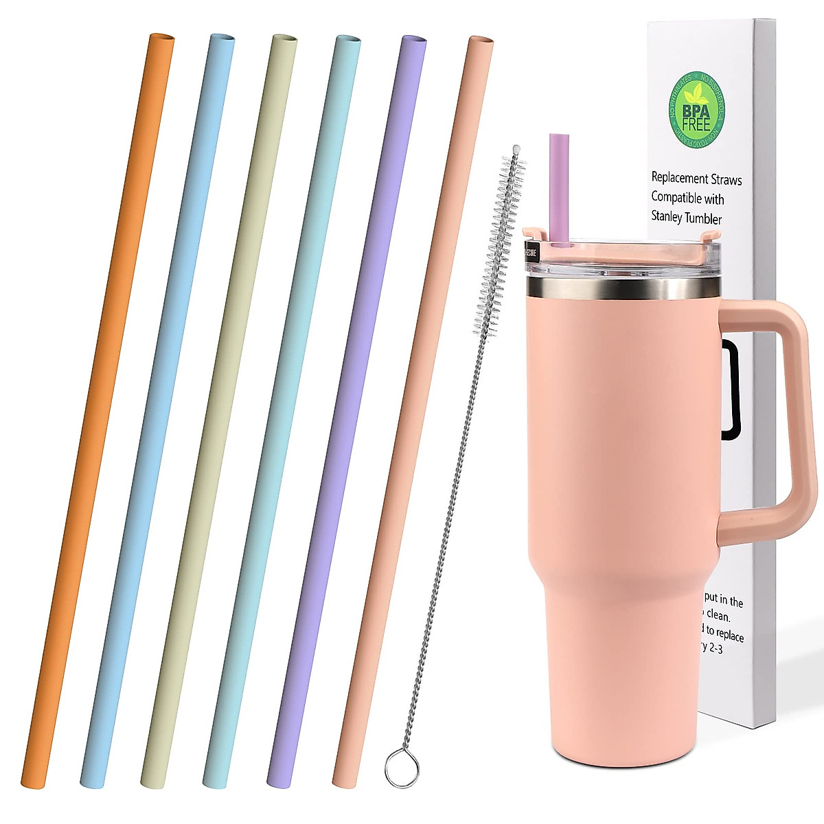AIERSA 6 Pack Pastel Colors Straw for 40oz Stanley Cup with Handle,Reusable Silicone Straws Compatible Stanley 20 30 40oz Tumbler,Long Straw with Cleaning Brush for Stanley Cup Accessories