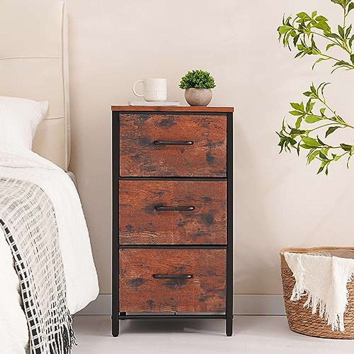 Yoobure Nightstand with 3 Fabric Drawers, Dresser for Bedroom Storage Drawer Tower, Small End Table Bedside Furniture Dressers & Chests Organizer Unit Closet Hallway Entryway Office, Berry Brown