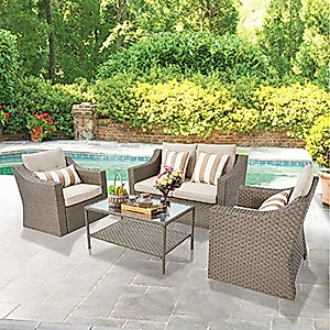 SOLAURA Patio Furniture Set Outdoor Conversation Set All Weather Wicker Furniture 4 Pieces Sectional Sofa Set with Tempered Glass Coffee Table-Gray