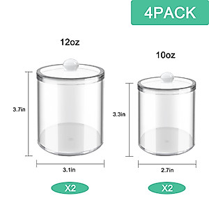 YOLCAR 4 Pack Cotton Swab Holder, Clear Acrylic Jars with Lid for Cotton Swabs, Cotton Balls, Home Decor, Bathroom Storage and Organization, Vanity Makeup Storage Organizer, 10oz and 12oz