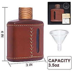 Handmade Genuine Leather Hip Flasks for Liquor for Men, Glass Whiskey Flask with Funnel & Wood Lids Leakproof for Hennessy Liquor & Spirits, Premium Flask Set Gifts Idea for Men Women (Brown, 100ml)