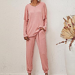 Sruiluo Two Piece Comfy Pjs Sets Crewneck Knitted Long Sleeve Sleepshirt and Drawstring Cinch Bottom Pants Casual Homewear Pink