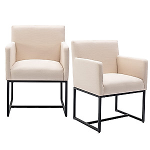VESCASA Linen Upholstered Dining Chairs with Arms Set of 2, Mid Century Modern Padded Kitchen Chairs with Black Metal Frame for Restaurant, Dining Room, Cream