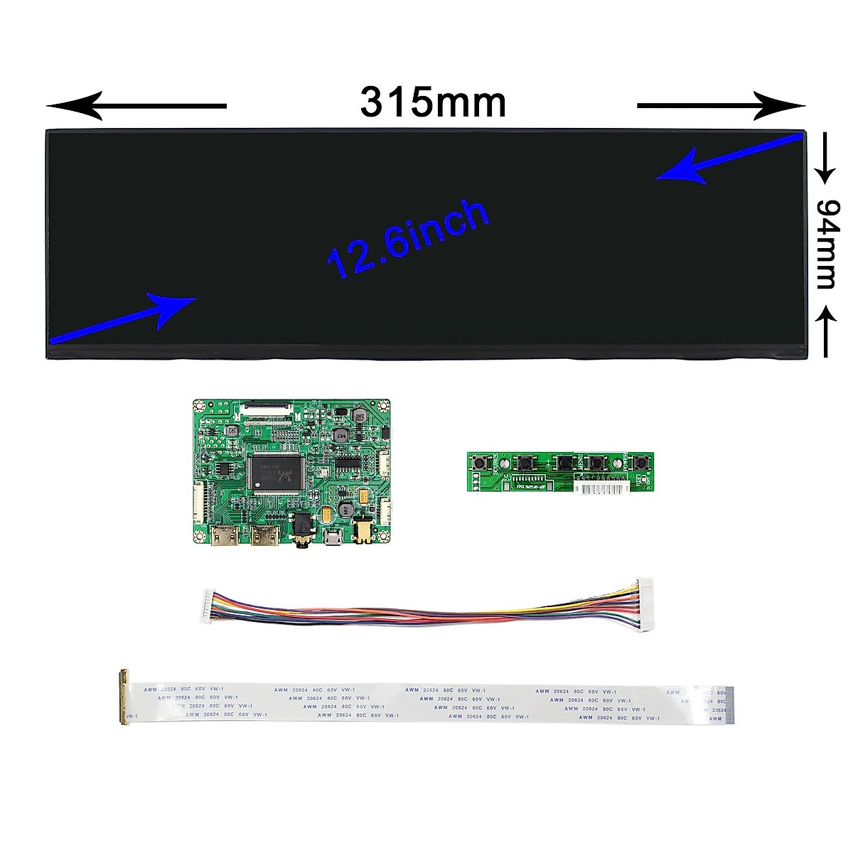 12.6 inch 1920x515 eDP IPS LCD Screen NV126B5M-N41 and 2Mini HDMI Micro USB LCD Controller Board,for DIY CPU GPU PC Computer Monitor Case