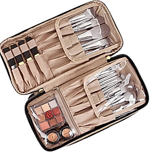 NISHEL Double Layer Makeup Bag Large Travel Cosmetic Case, Makeup Organizer for Lots of Brushes, Portable Toiletry Bag for Women and Girls, Black