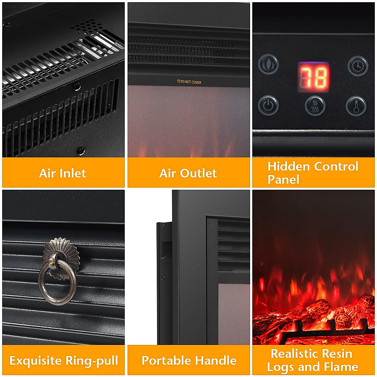 SIMOE 28.5" Electric Fireplace Insert,750 W/1500W Fireplace Heater Insert with LED Flame & Remote Control & Thermostat & Adjustable Flame,for Living Room, Bedroom & Office, Black