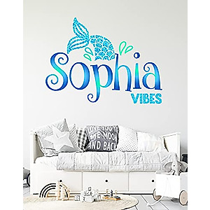 Mermaid Custom Name Wall Decal - Girls Personalized Name Mermaid Tail Wall Sticker - Sparkle Mermaid Wall Decor - Girls Personalize Name Wall Art Sticker - Wall Decal for Nursery Playroom Bedroom Decoration (Wide 15"x11" Height)