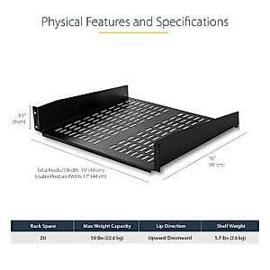 StarTech.com 2U Server Rack Shelf - Universal Vented Rack Mount Cantilever Tray for 19" Network Equipment Rack & Cabinet - Heavy Duty Steel - Weight Capacity 50lb/23kg - 16" Deep Shelf, TAA