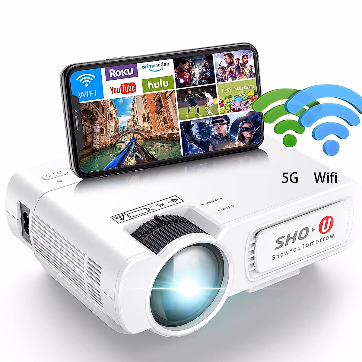 Projector Portable 5G WiFi Video-Projector [2023 Upgraded] Movie Projector Mini projectors 8000:1Contrast 9000Lumen Compatible with Full HD 1080P iPhone,Android,FireStick,AV,VGA,HDMI,USB,TF ‎T5-W800P