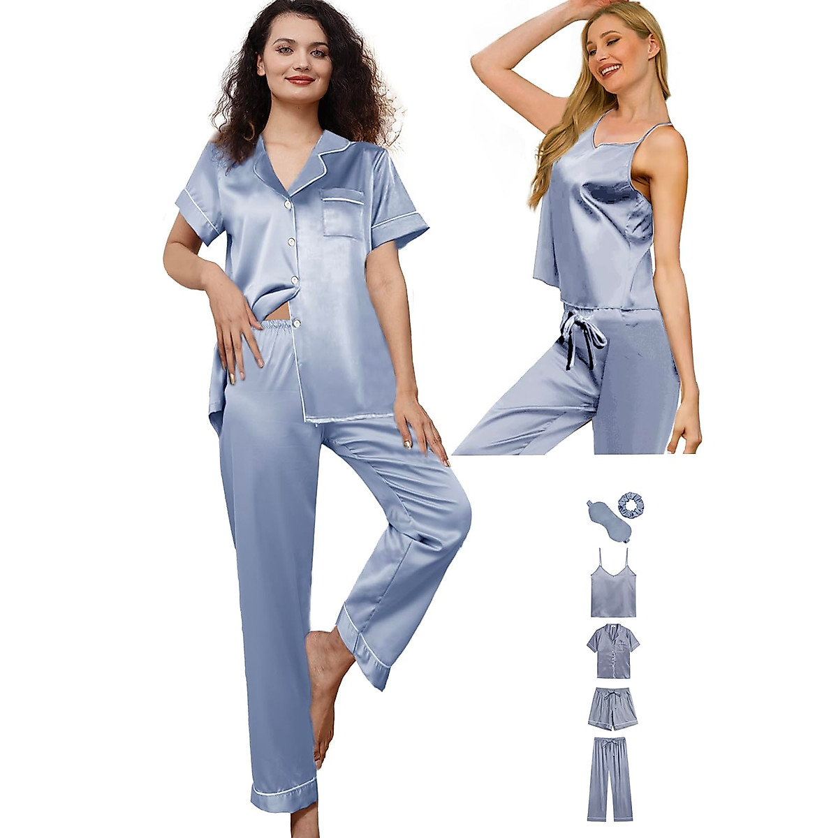 WJing Yi Jia 6Pcs Womens Silk Satin Pajama Sets Pj Sets Short Pjs Set Pajamas Sleepwear Camisole Sexy Cami Dusty Blue