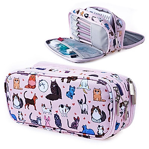 LParkin Cute Cat Pencil Case Super Large Capacity 3 Compartments Canvas Pencil Box Kawaii Makeup Bag Cat Gifts for Boys Girls