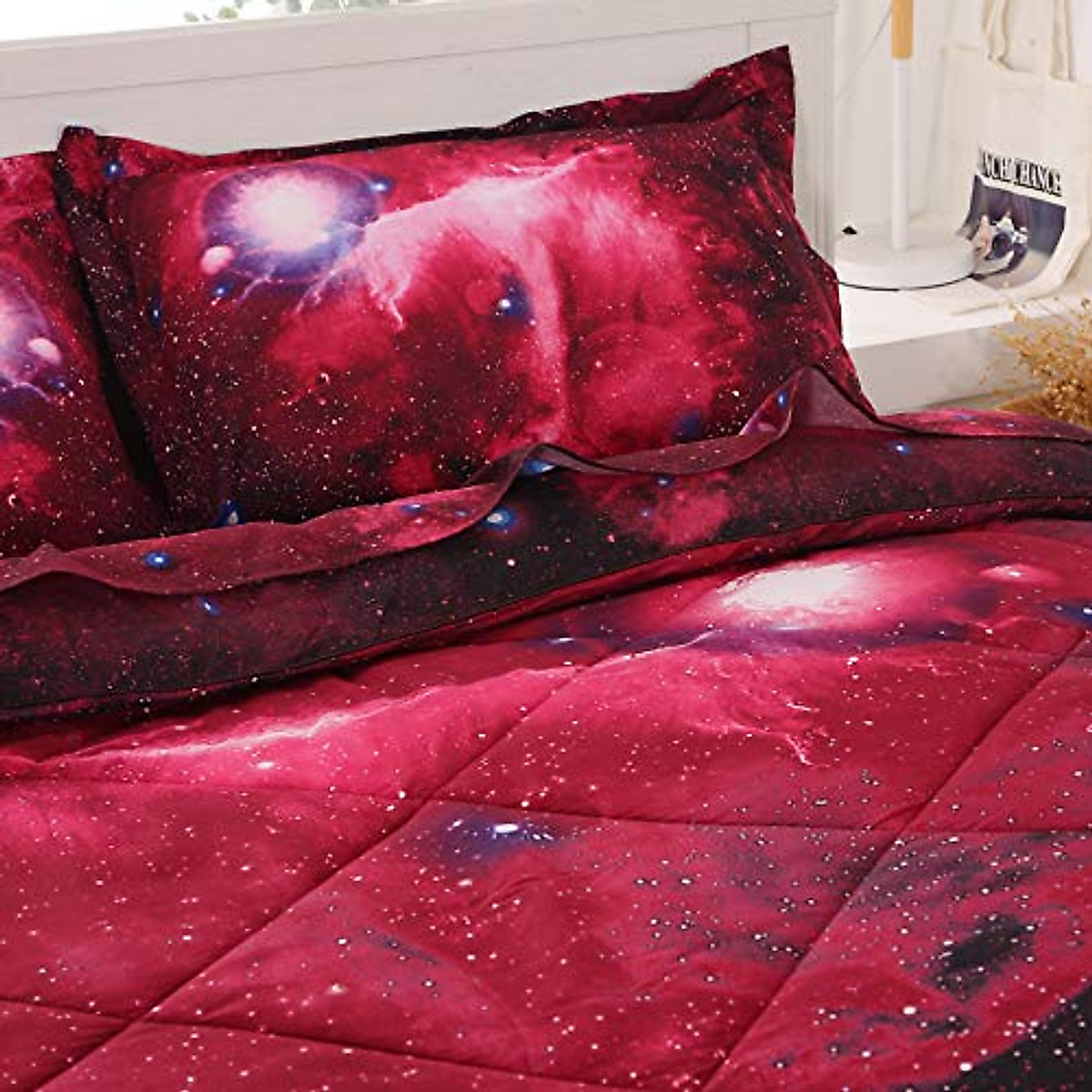 Wowelife Galaxy Bedding Twin Space Bedding Set Red 5 Piece Twin Comforter Set with Comforter, Fitted Sheet and 2 Pillowcases