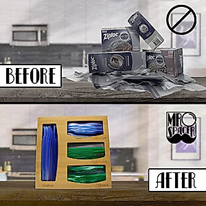 Mr Spacer Food Bag Storage Organizer for Kitchen, Bamboo Kitchen Bag Organizer, Compatible with Gallon, Quart, Sandwich and Snack Size Bag (1 Box 4 Slots)