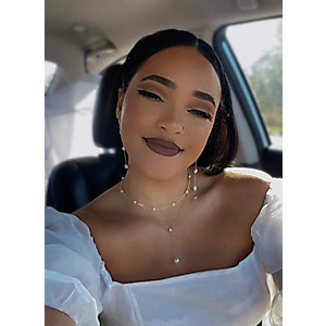 Jean Beau 2PCS Small Pearl Strand Layered Chain Gold Station Choker Necklaces - Dainty Long Drop Dangle Rhinestone Zirconia Y Necklace Accessories Jewelry Gift for Women