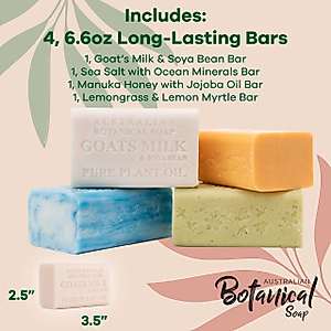 Australian Botanical Goats Milk Soap, Manuka Honey, Lemongrass and Sea Salt 6.6 OZ, Luxury Soap Bars Enriched with Shea Butter, Suitable for all Skin Types, Pack of 4