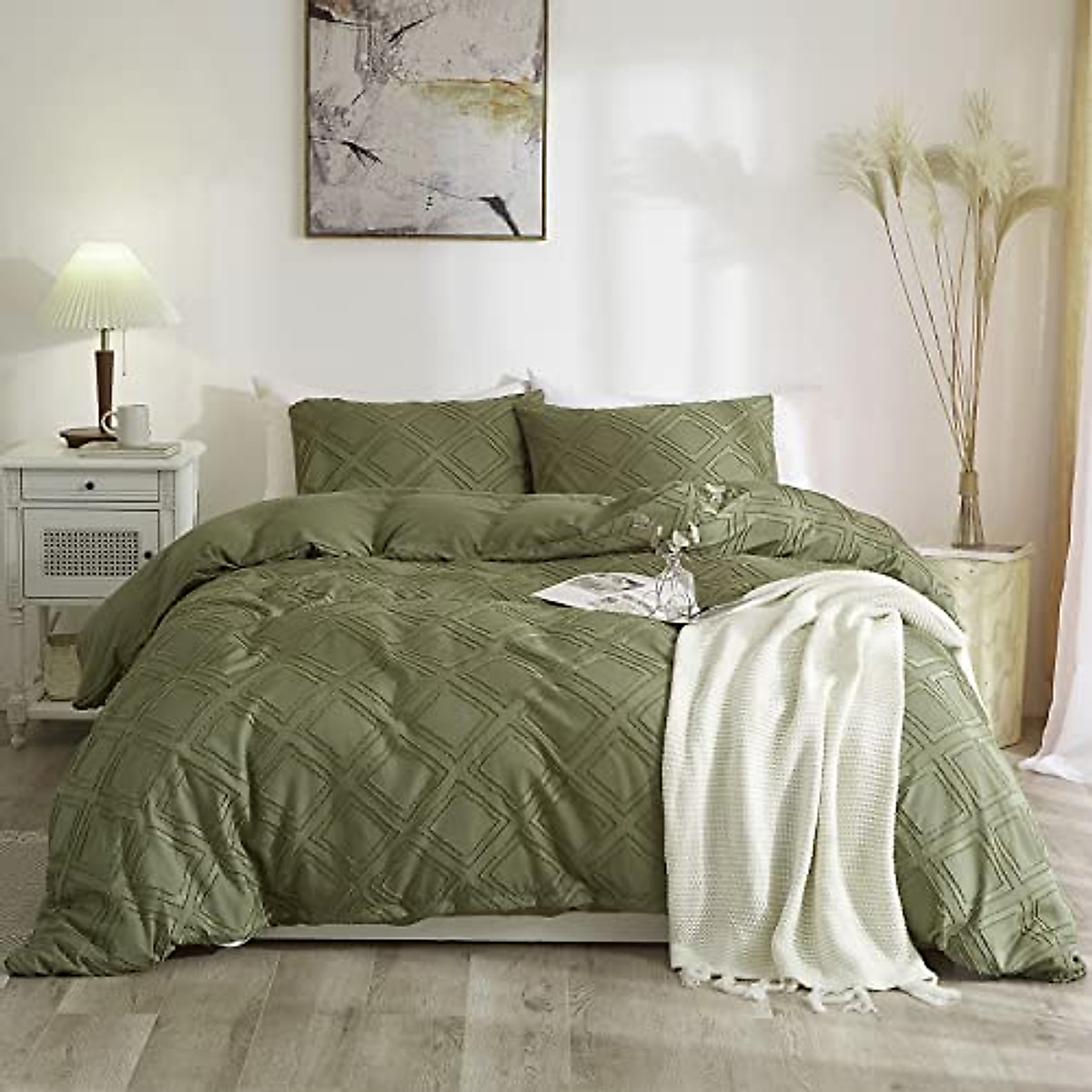 HYPREST Textured Duvet Cover, Green Duvet Covers QueenTufted Boho Style, Super Soft Breathable Bohemian Bedding Duvet Cover Set
