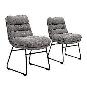 CangLong Modern Accent Kitchen Chairs with Fabric Soft Padded Back in Checkered Pattern and Chrome Legs, Set of 2,Grey