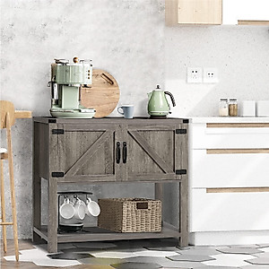 4ever2buy Farmhouse Coffee Bar Cabinet with Barn Doors, Grey Coffee Bar Stand with Storage, 36 inch Coffee and Tea Bar with Bottom Shelf for Living Dining Room