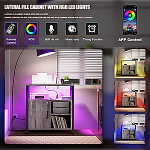 Unikito File Cabinet with LED Lights, Lateral Filing Cabinet with Power Outlets and USB Charging Ports, Printer Stand with Storage, Office Cabinet for Letter, A4, Legal and File Folders, Light Walnut