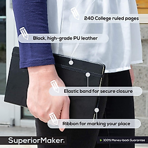 Ruled Notebook, Black Leather Bound Hardcover Journal with Lined Paper, Business Premium Label Stickers, and Elastic Closure, 5 x 8.25 inches - SuperiorMaker