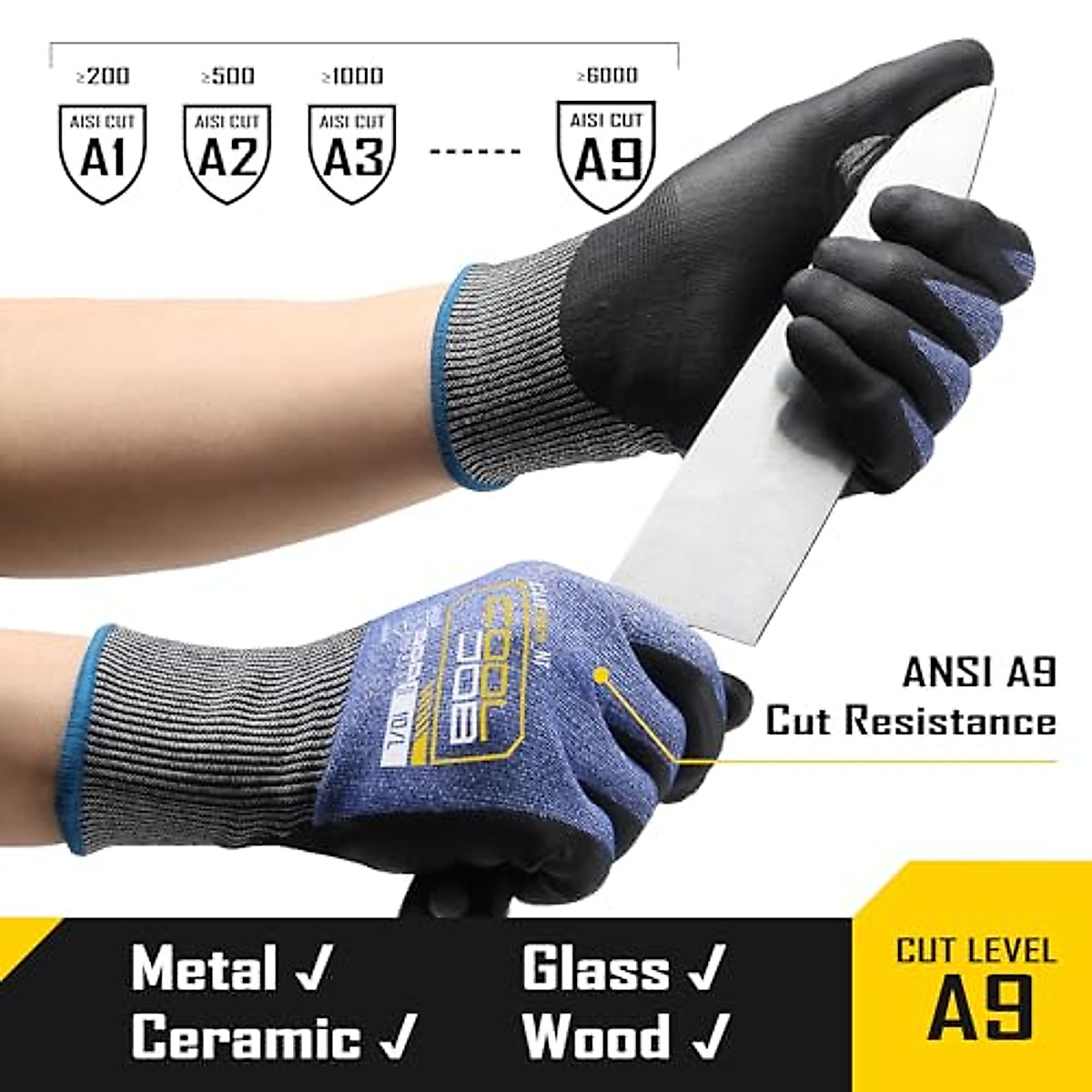 COOLJOB ANSI A9 Cut Resistant Gloves - 1/3 Pairs, Touchscreen Highest Knife Proof Level with Microfoam Nitrile Coated, Safety Work Gloves for Wood Carving, Glass Work, Construction, Blue XXL