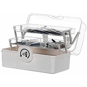 Sooyee Plastic Storage Box with 3-Tier Fold Tray,Tool Organizer Portable Handled Case,Portable Lockable Container for Arts, Crafts,Cosmetic, Sewing, Toy, Washi Tape, Legom,Clear/White