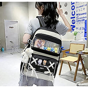 DUOBAOYU 5PCS Kawaii Backpack Set with Cute Pendants and Pins Accessories Aesthetic Rucksack for Teen Girls 17in Cute School Bags Bookbag with Shoulder Bag,Pencil Box,Tote Bag,Small Bag,Black