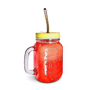 Home Suave mason jars 16 oz with lids, handle & 2 Reusable Stainless Steel Straws, Regular Mouth, Set of 2 (Light Blue & Yellow). Glass cup with lid and straw. Iced coffee cups with lids.