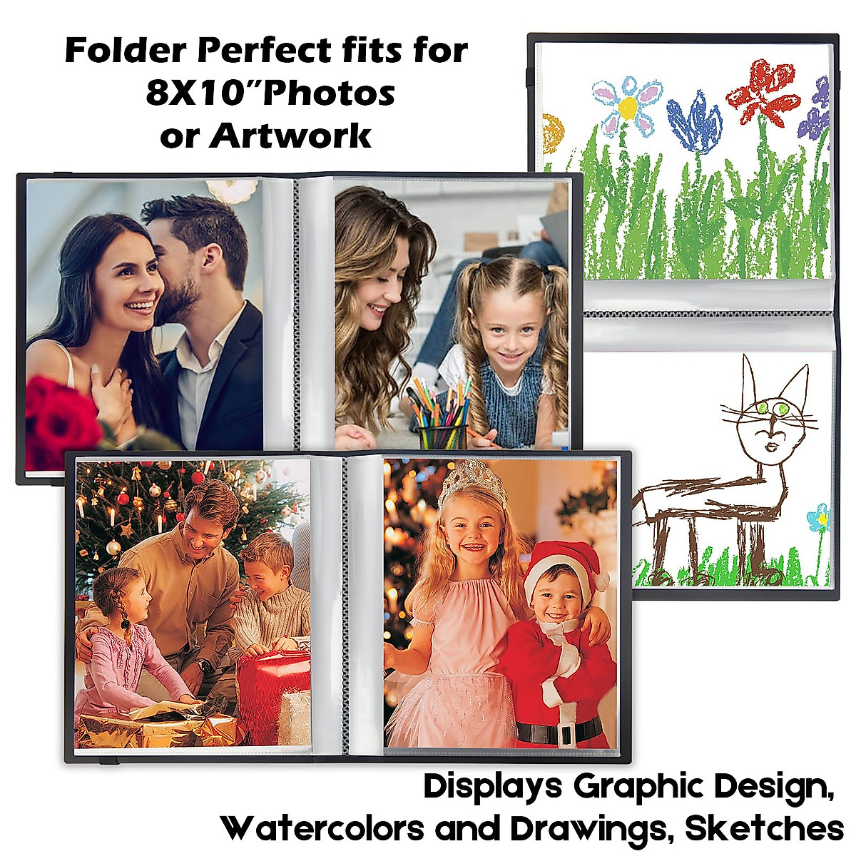 Photo Album 8x10, 8x10 Photo Album Book Holds 68 Photos, Art Portfolio Binder for 8 x 10 Pictures, Photo Albums for 8x10 Photos, 10x8 Sheet Protector Folder for Photos, Kids Artwork, Sketch (Black)